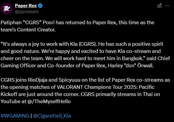 Paper Rex ต้อนรับการกลับมาของ CGRS สู่ทีมอีกครั้ง!